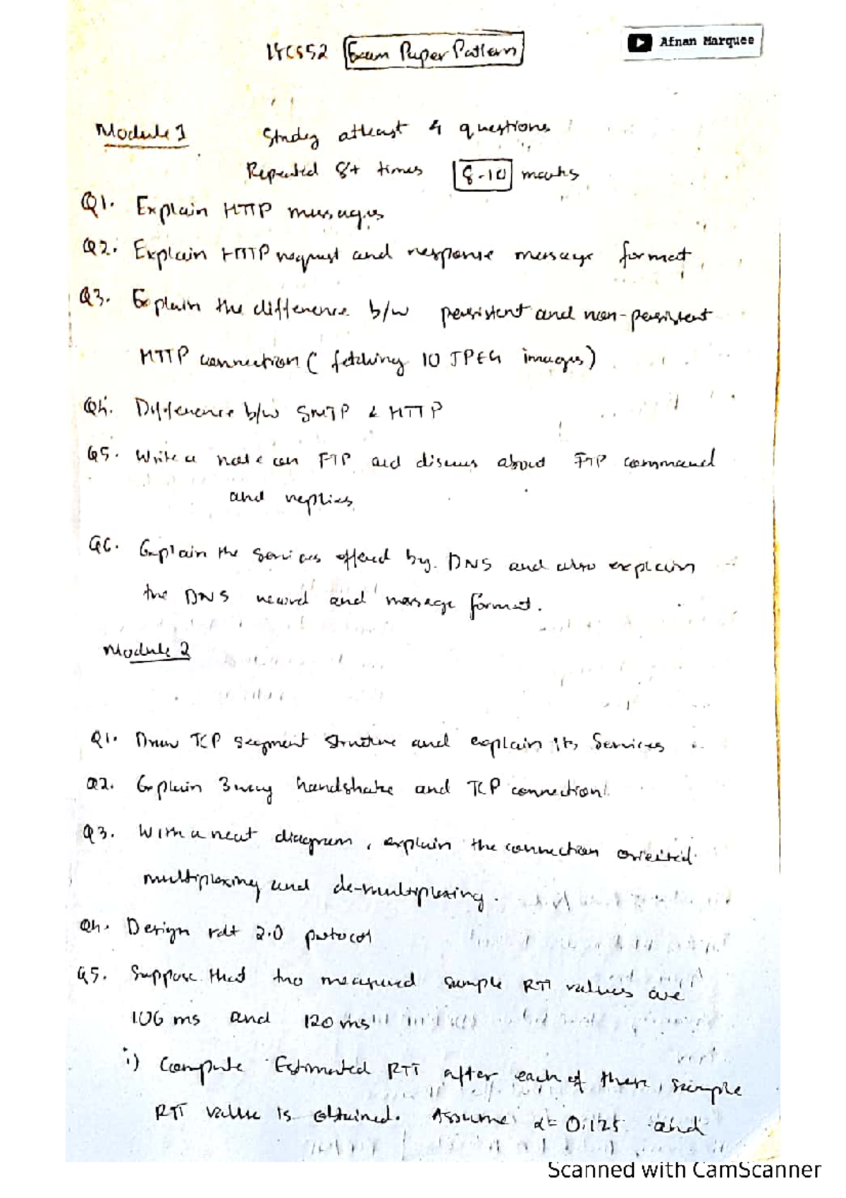 CN 40 Marks QB - It's important - Afnan Marquee 18C552 Exam Paper Pattern Module 1 Study athest ...