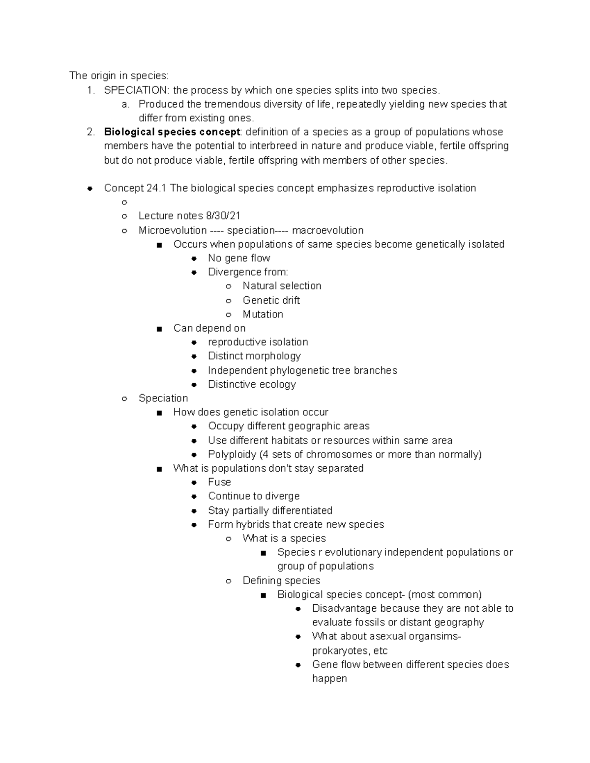 Bio chapter 24 - The origin in species: 1. SPECIATION: the process by which one species splits ...