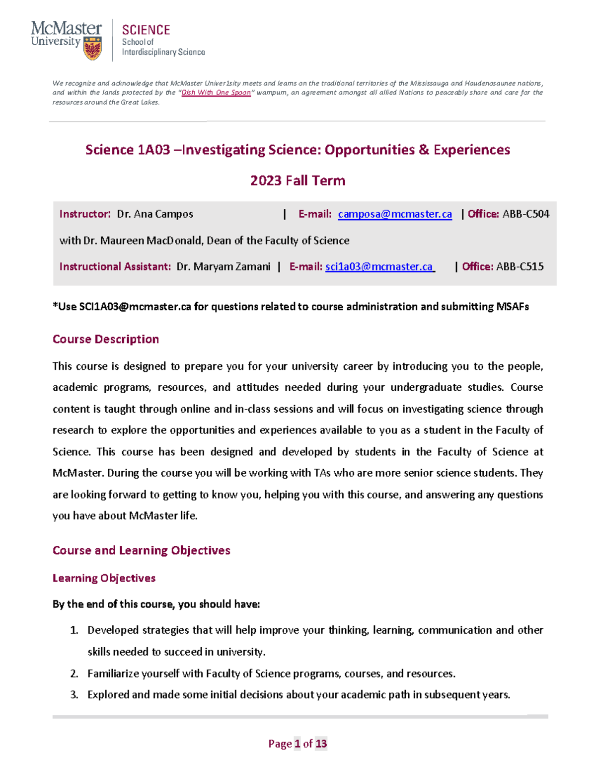 Course Outline - Science 1A03 - We recognize and acknowledge that ...