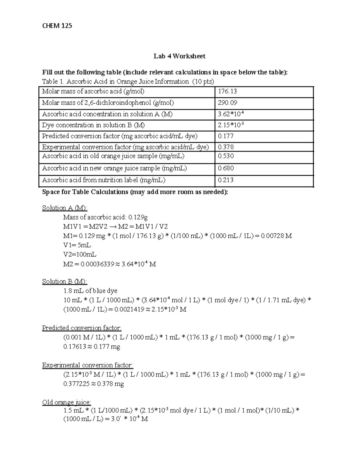 Studocu - n/a - CHEM 125 Lab 4 Worksheet Fill out the following table (include relevant ...