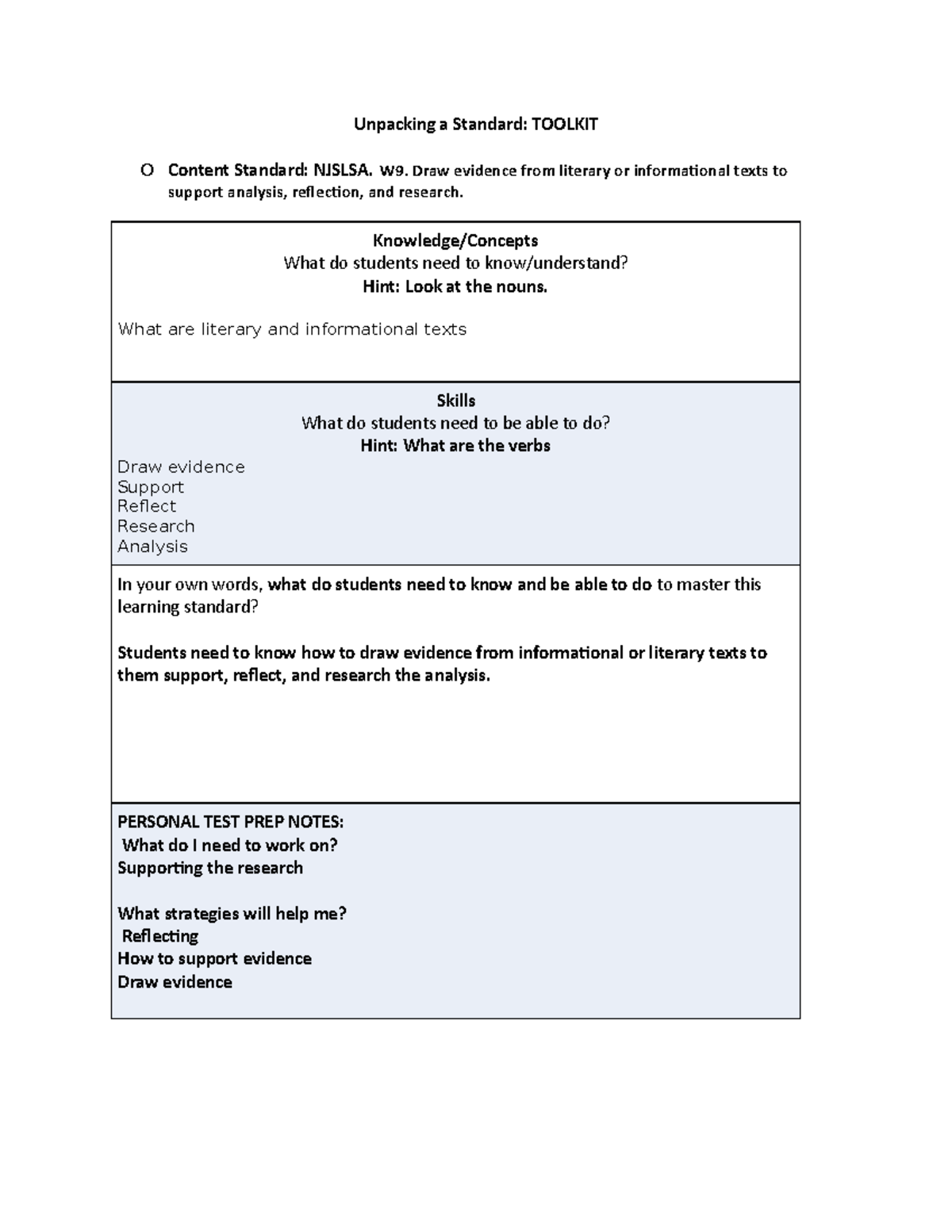 W9 Standard - Unpacking a Standard: TOOLKIT O Content Standard: NJSLSA ...