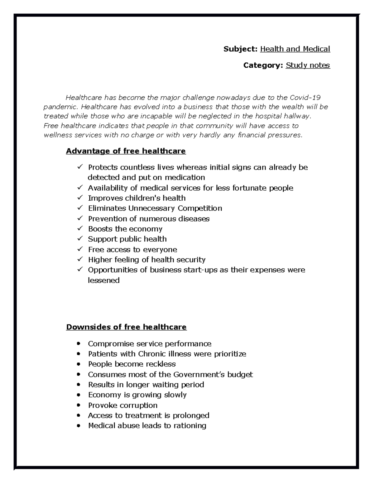Health and Medical Studynotes - Subject: Health and Medical Category ...