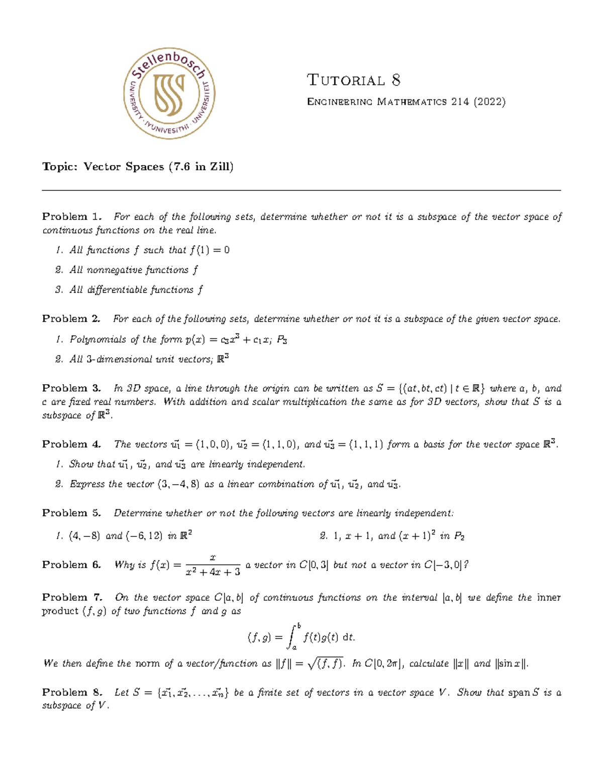 Tutorial 8 Engineering Maths 242 - Tutorial 8 Engineering Mathematics 214 (2022) Topic: Vector ...
