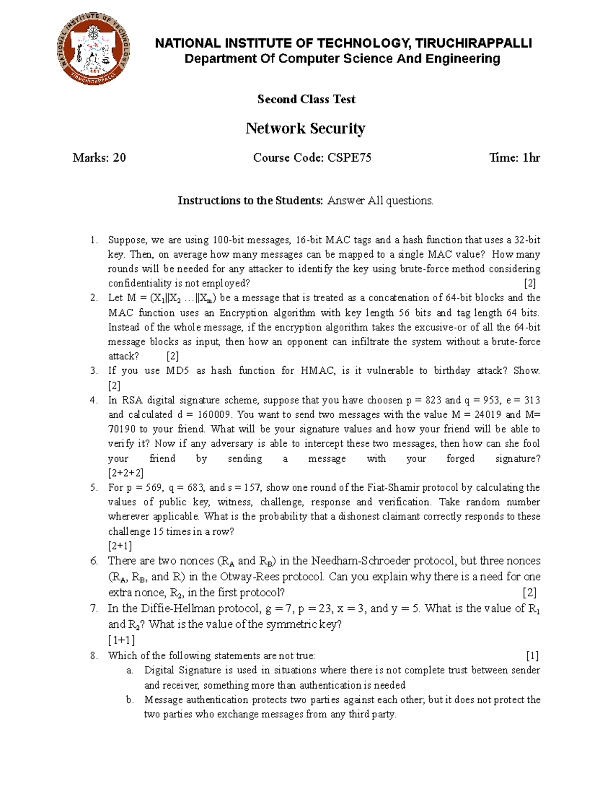 NS CT2 2022 - NATIONAL INSTITUTE OF TECHNOLOGY, TIRUCHIRAPPALLI Department Of Computer Science ...