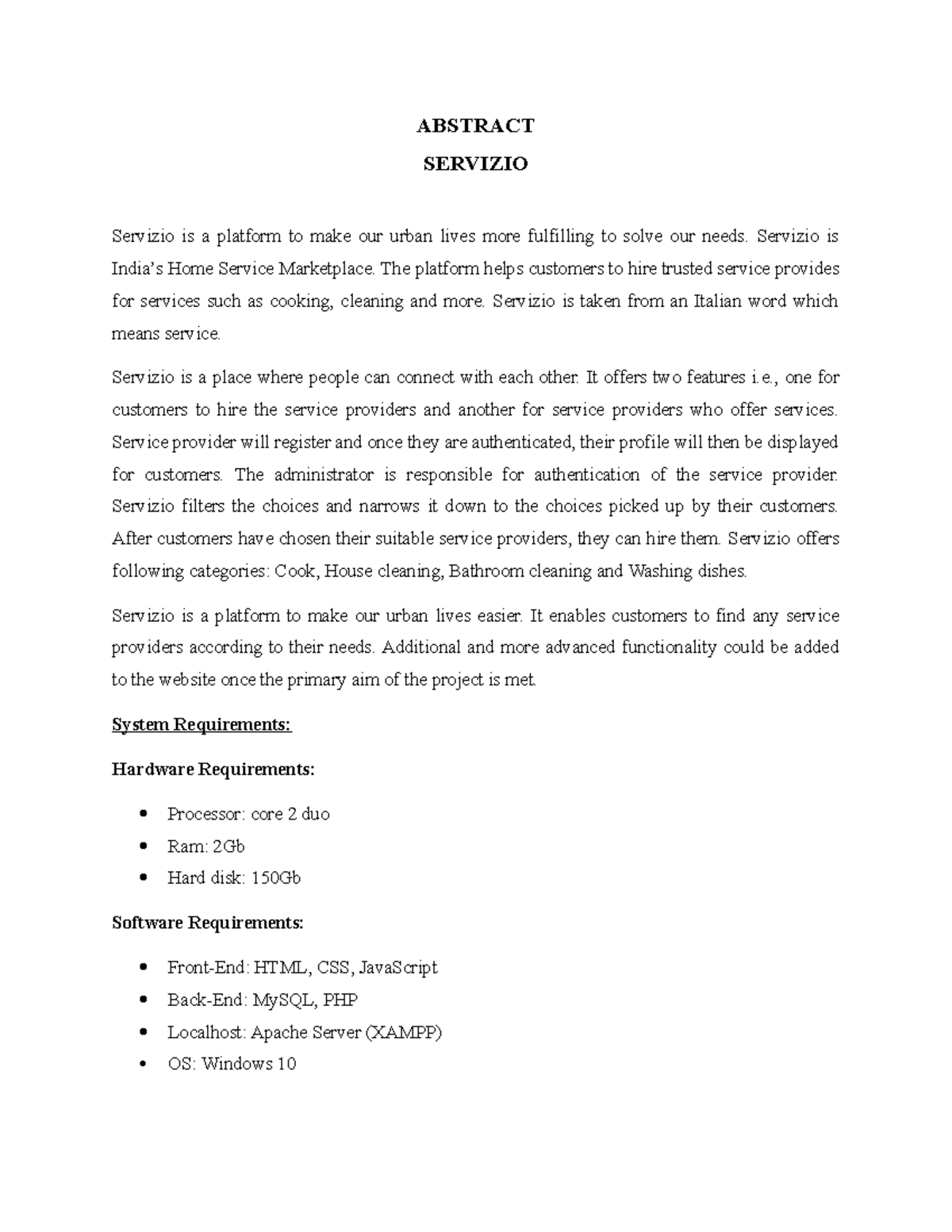 Servizio (Abstract) documention for bca final year project (Bangalore ...