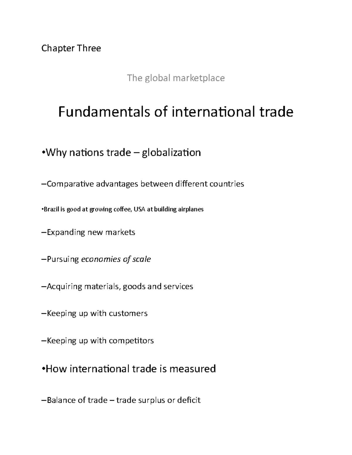 BUS Intro study gudie CH 3 - Chapter Three The global marketplace ...