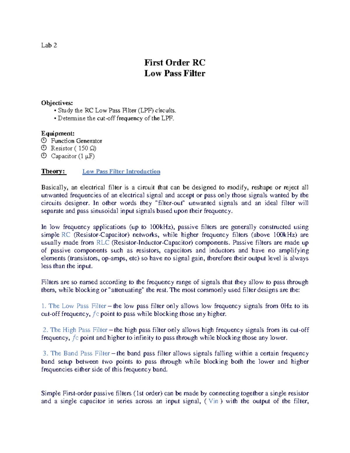 LPF Frequency response - Lab 2 First Order RC Low Pass Filter ...