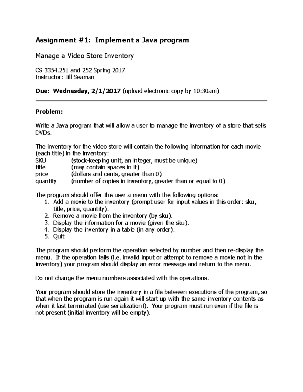 Assignment 1 - CS 3354 - Assignment #1: Implement a Java program Manage a Video Store Inventory ...