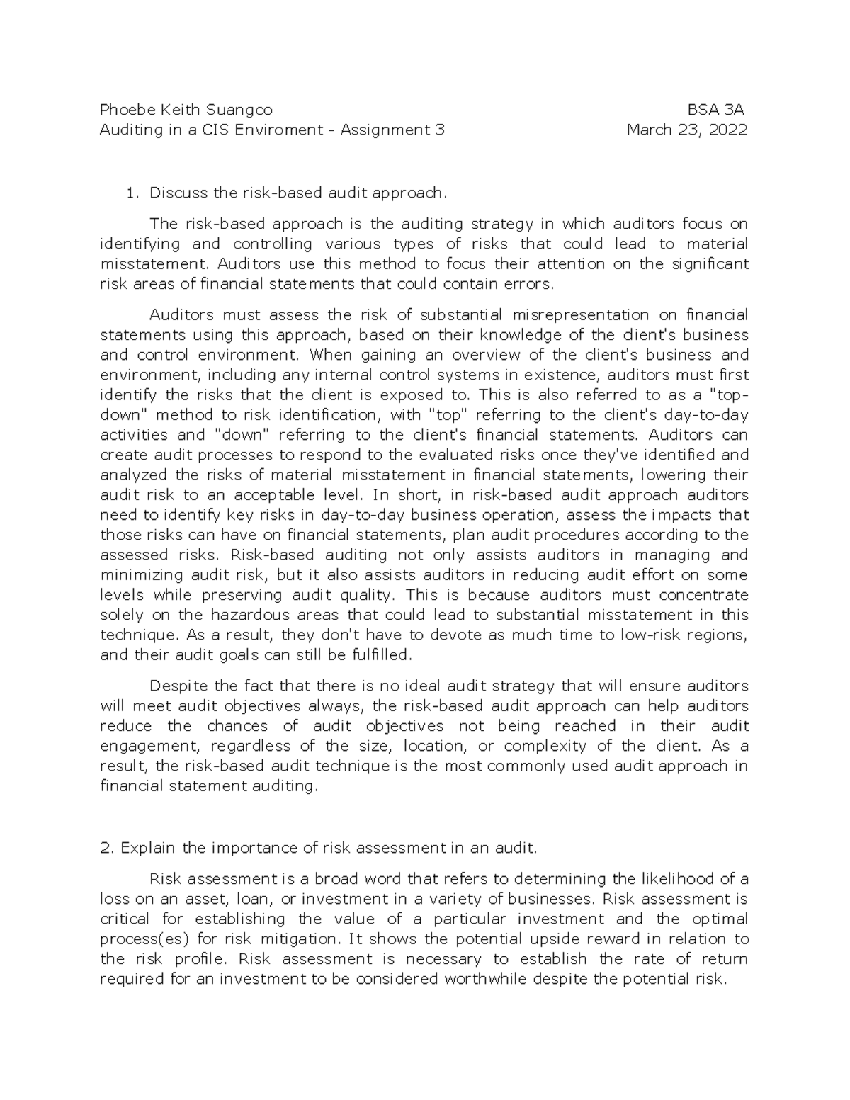 CIS - Assignment 3 - Suangco - Phoebe Keith Suangco BSA 3A Auditing in ...