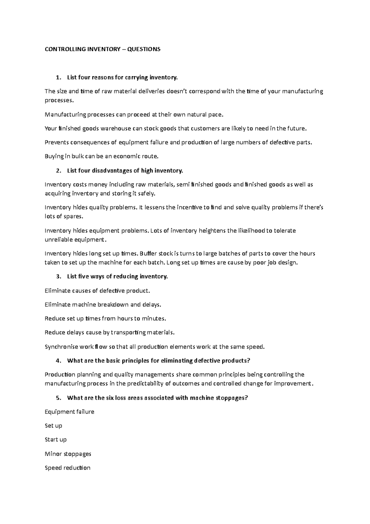 Controlling Inventory - CONTROLLING INVENTORY – QUESTIONS List four ...