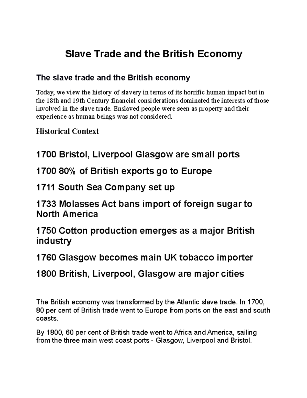 Slave trade and the british economy - Slave Trade and the British ...