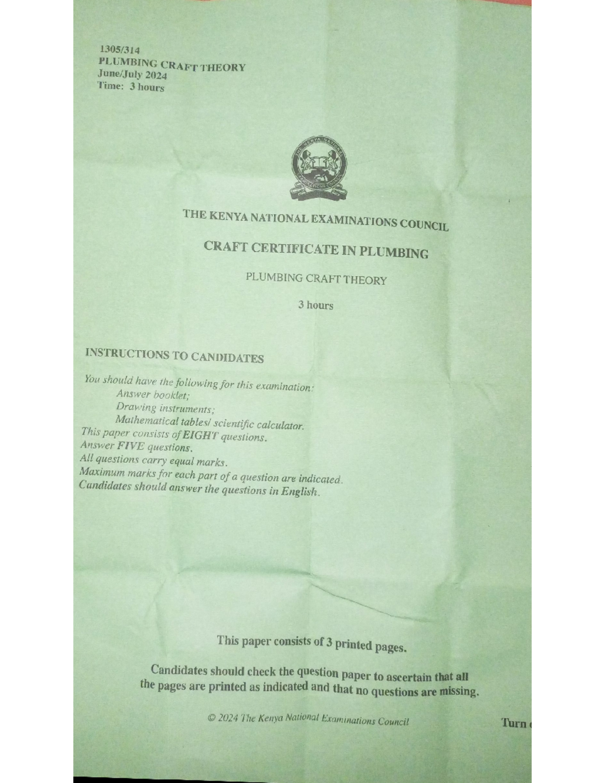 CPC2024 - KNEC PAST PAPERS FOR PLUMBING CRAFT TRAINEES - PLUMBING CRAFT ...