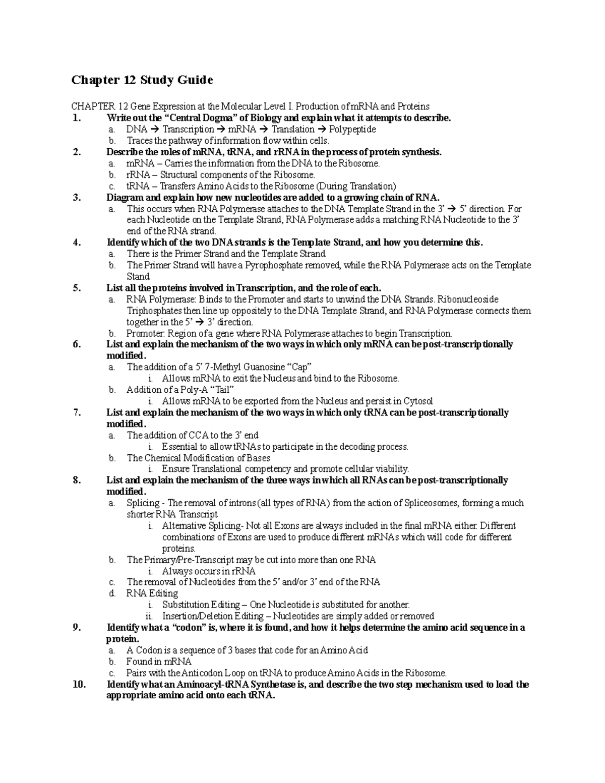 BIOL224 Chapter 12 Study Guide(Completed) - Chapter 12 Study Guide CHAPTER 12 Gene Expression at ...