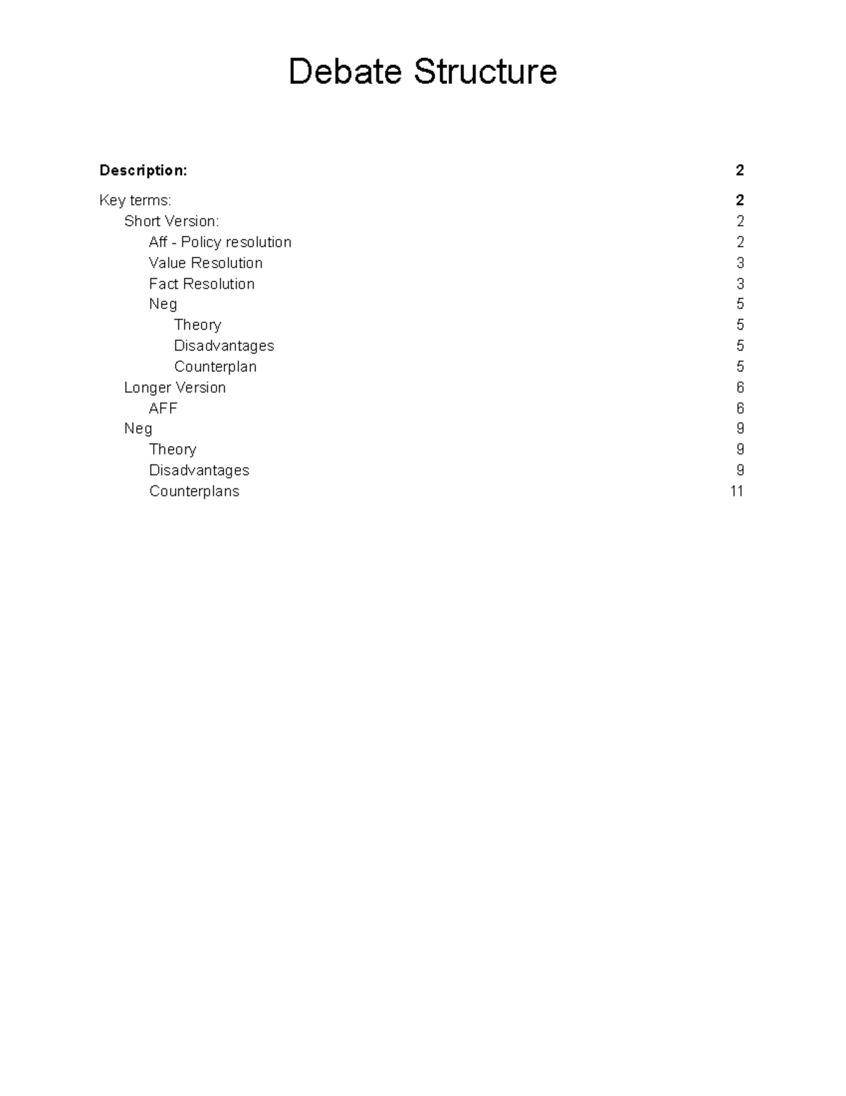 Debate structure reference - Description: Key terms: Short Version: Aff ...