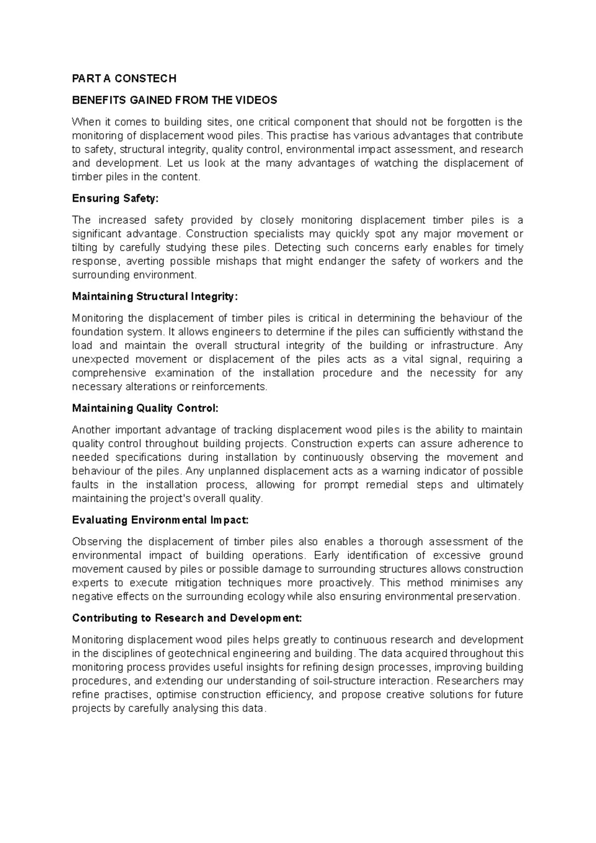 Construction Technology - PART A CONSTECH BENEFITS GAINED FROM THE ...