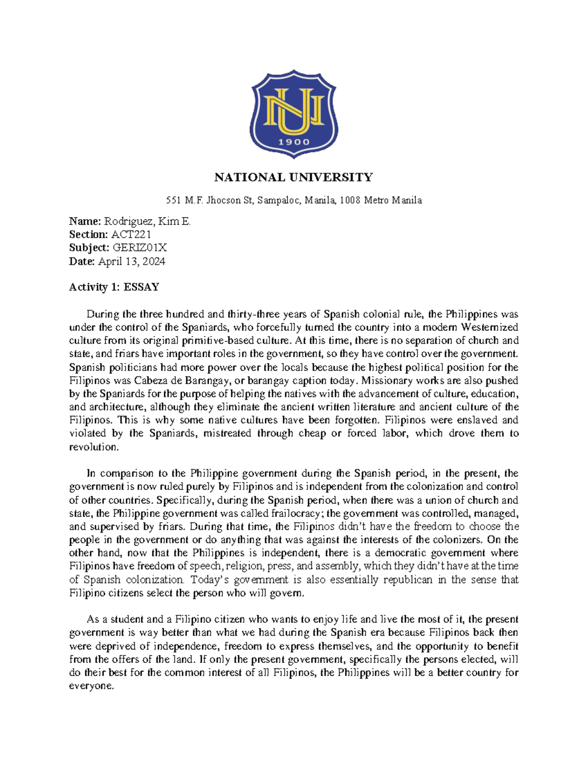 Philippine Government - NATIONAL UNIVERSITY 551 M. Jhocson St, Sampaloc ...