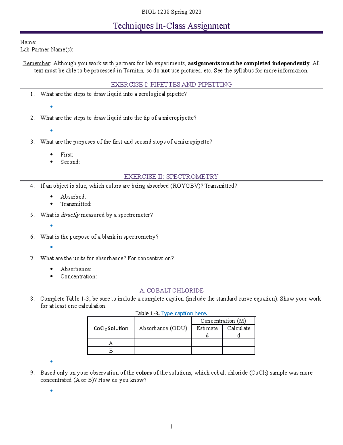 Techniques ICA - BIOL 1208 Spring 2023 Techniques In-Class Assignment ...