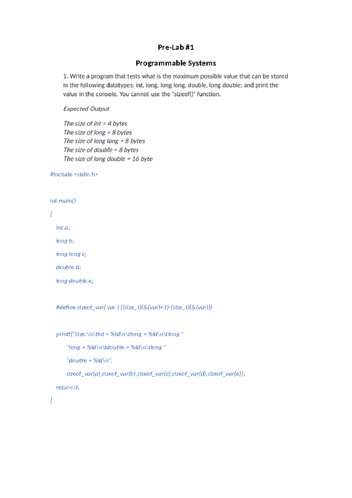 Pre-lab#1 PS - Prelab for Programming System - Pre-Lab Programmable Systems #include - Studocu