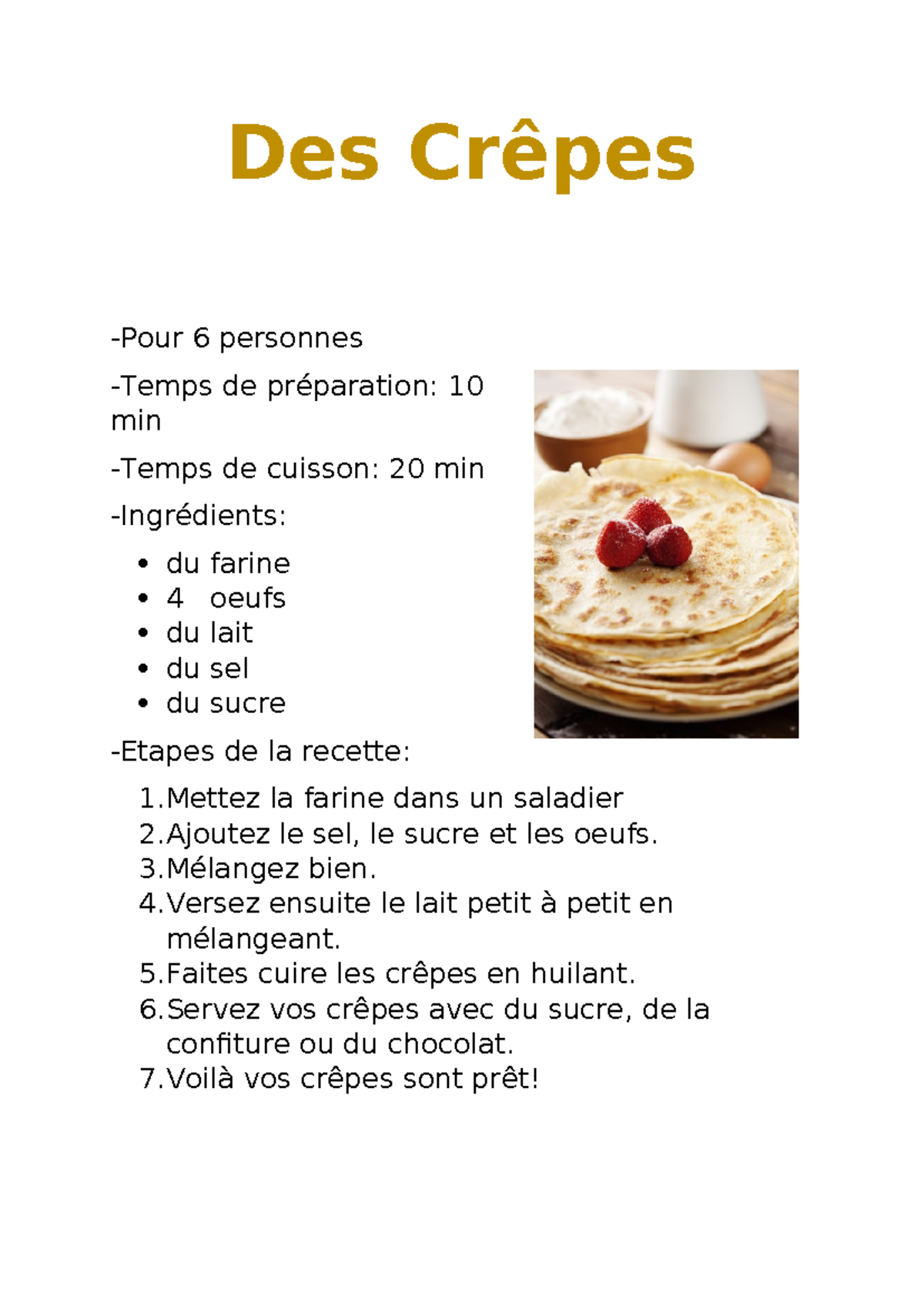 Des Crêpes - opdracht: recept in het frans schrijven - Français - Des ...