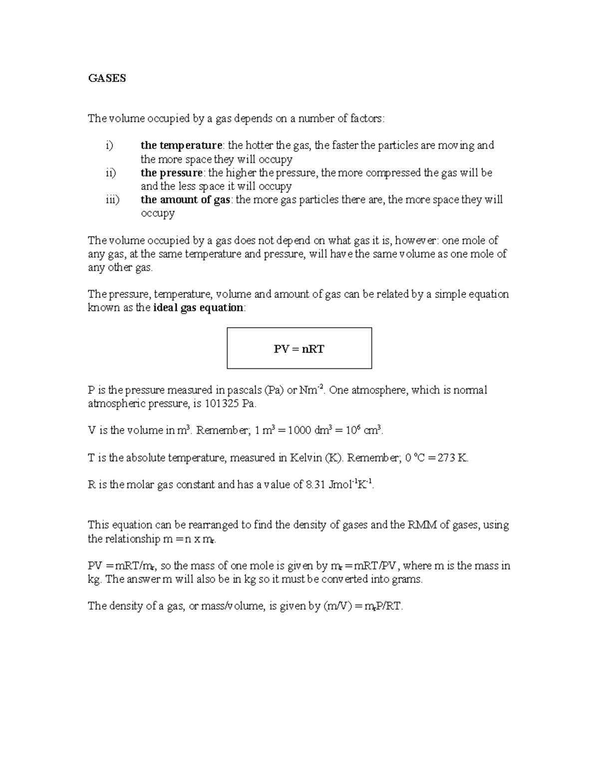 Ideal Gas Summary Notes - GASES The volume occupied by a gas depends on ...