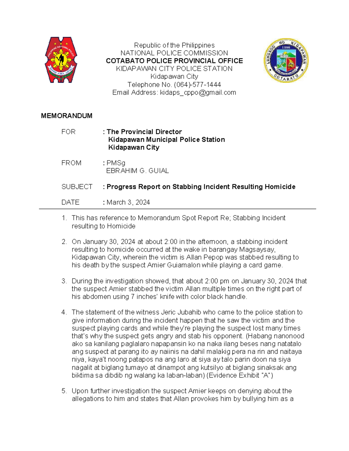 Progress-report-Forgery - Republic of the Philippines NATIONAL POLICE ...