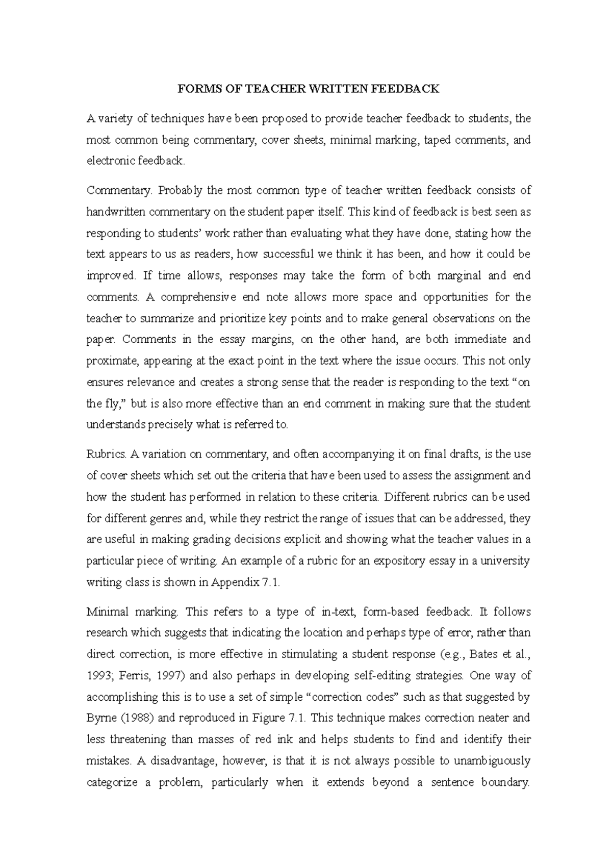Forms OF Teacher Written Feedback FORMS OF TEACHER WRITTEN FEEDBACK A
