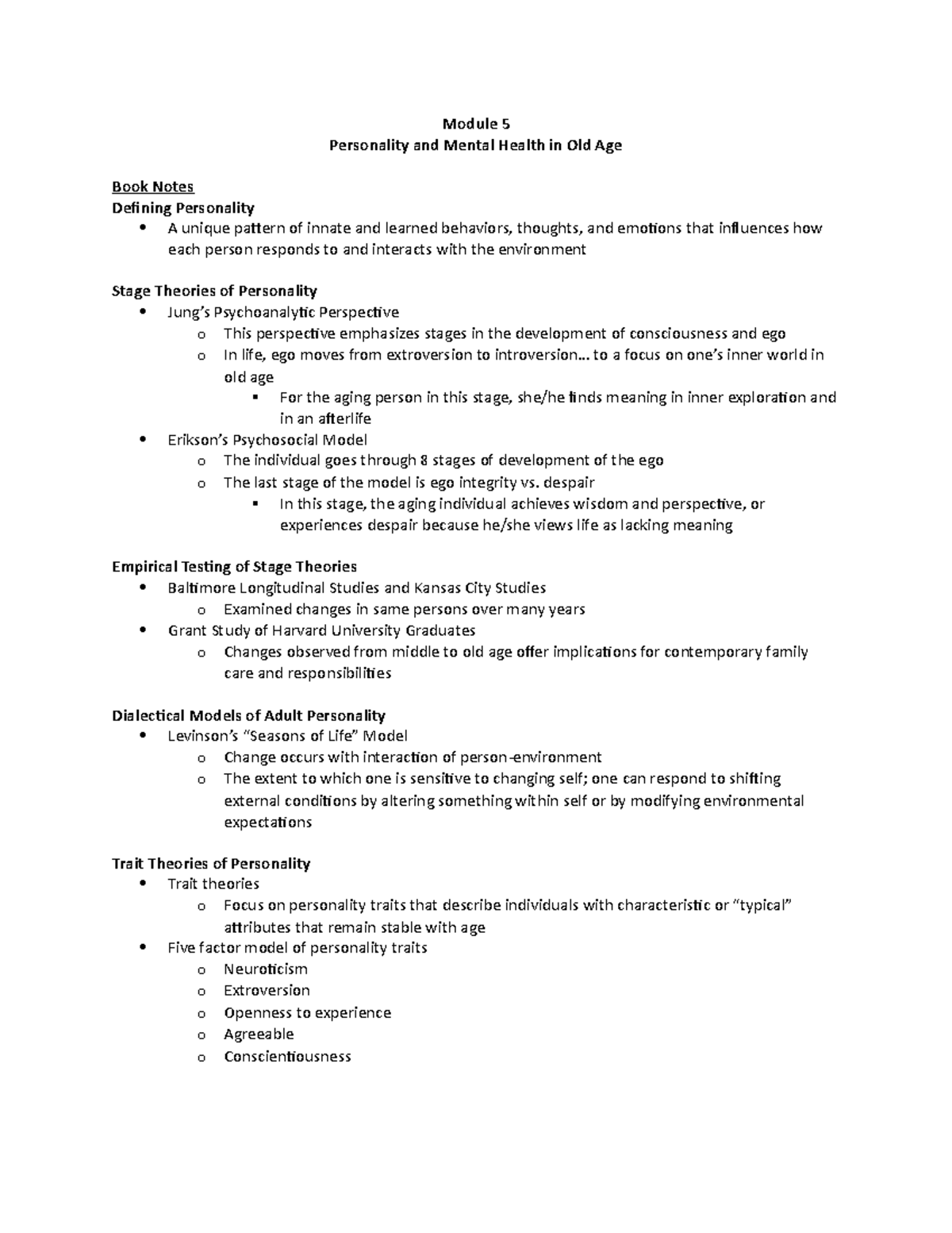 Module 5 Notes- Online Section - Module 5 Personality and Mental Health ...