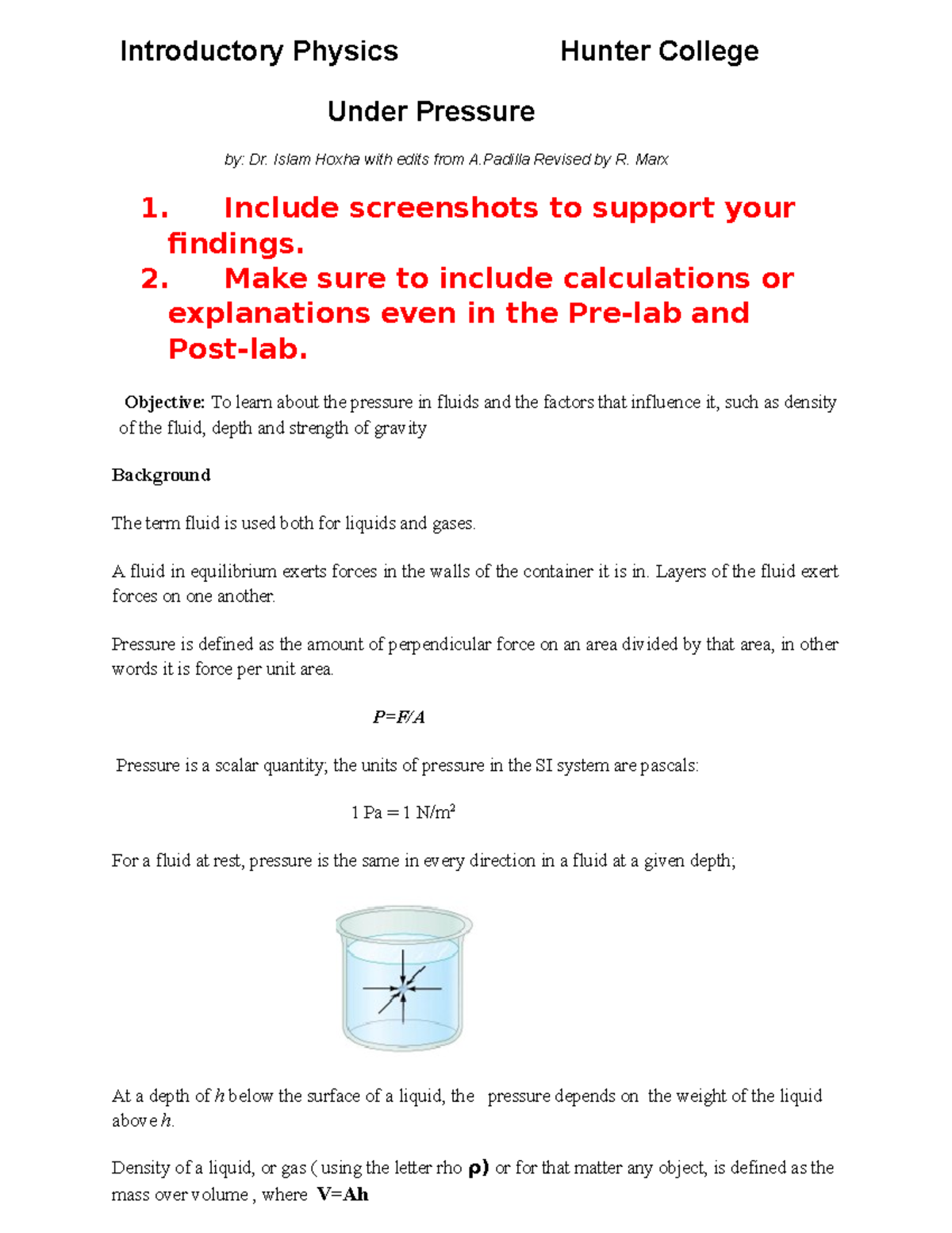 008 Under Pressure - Lecture notes 4 - Introductory Physics Hunter ...