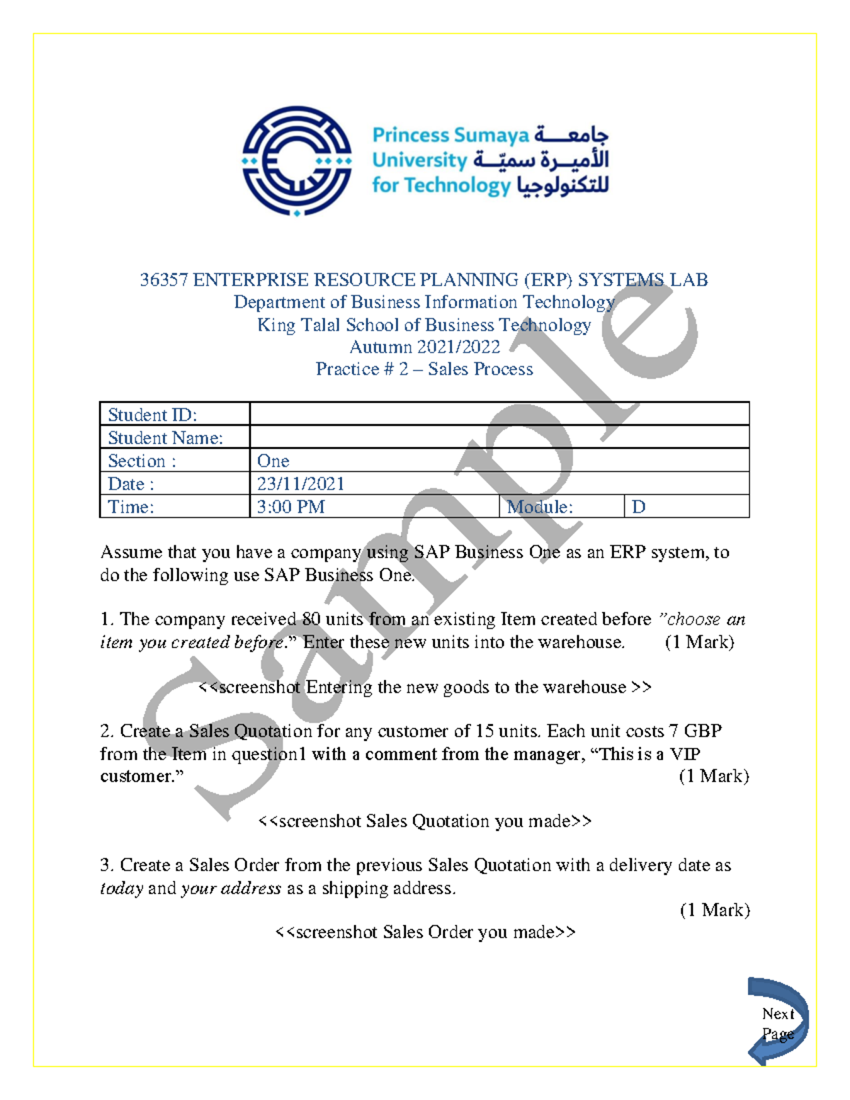 Practice TWO+ Module D Sample - 36357 ENTERPRISE RESOURCE PLANNING (ERP ...