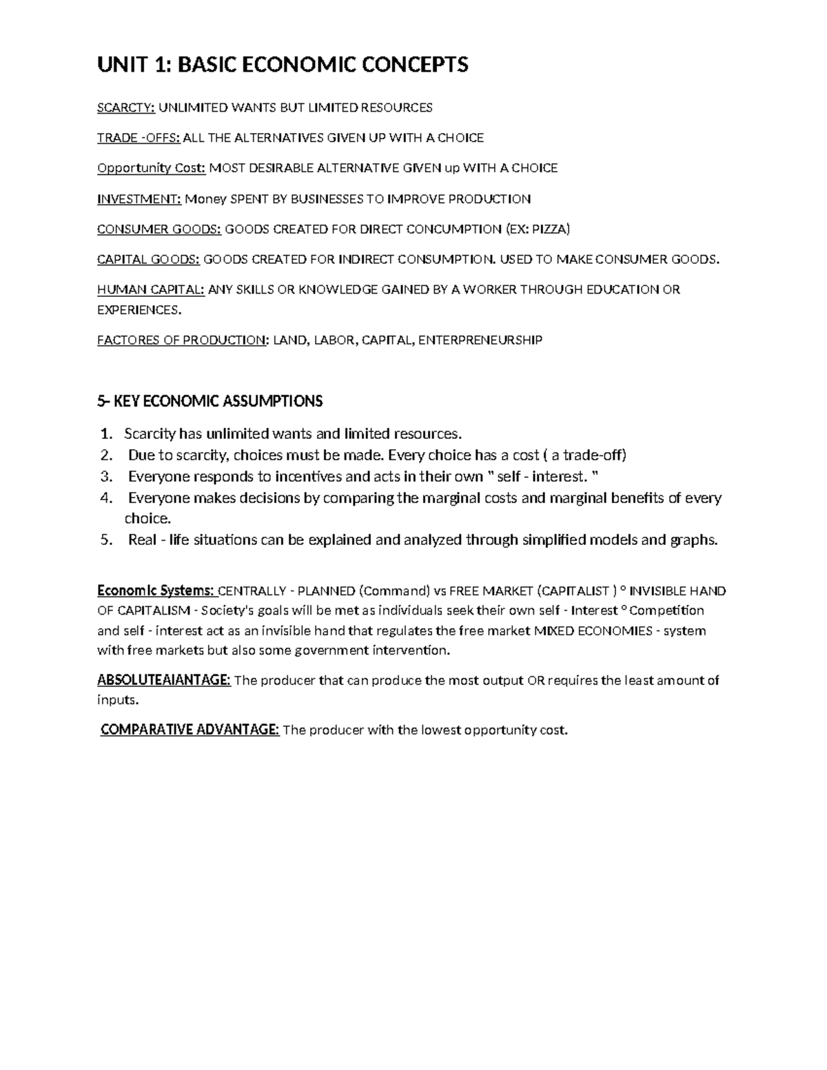 Review Unit 1 AGO - UNIT 1: BASIC ECONOMIC CONCEPTS SCARCTY: UNLIMITED ...