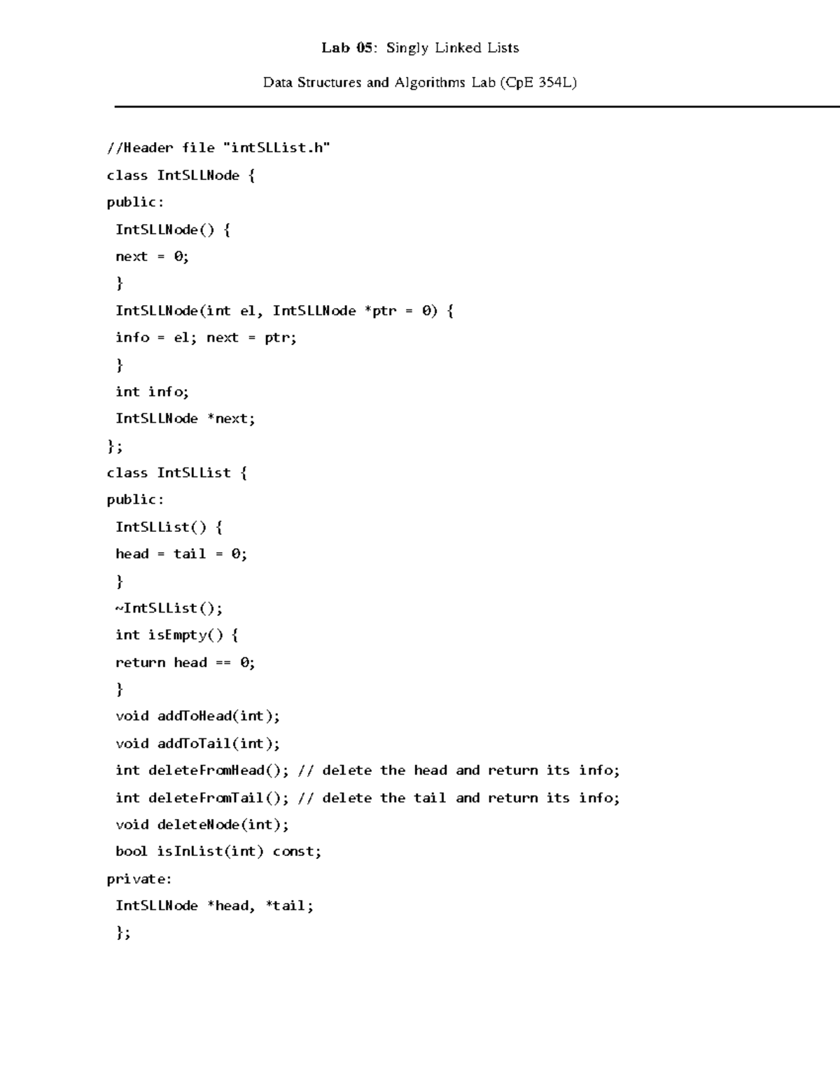 SLList Code - Data Structures and Algorithms Lab (CpE 354L) //Header file "intSLList" - Studocu