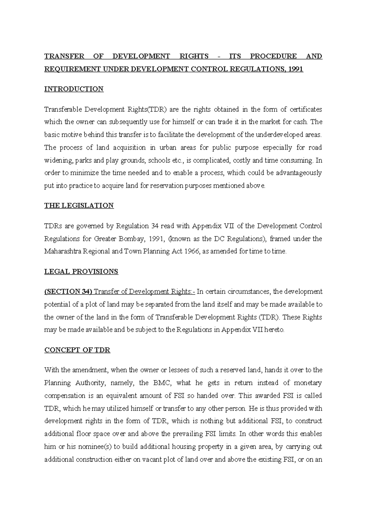 LAND LAWS - FSR - TRANSFER OF DEVELOPMENT RIGHTS - ITS PROCEDURE AND ...