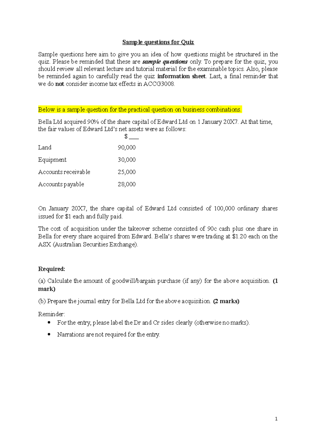 Final S2 2021 Sample questions for Quiz - Sample questions for Quiz ...