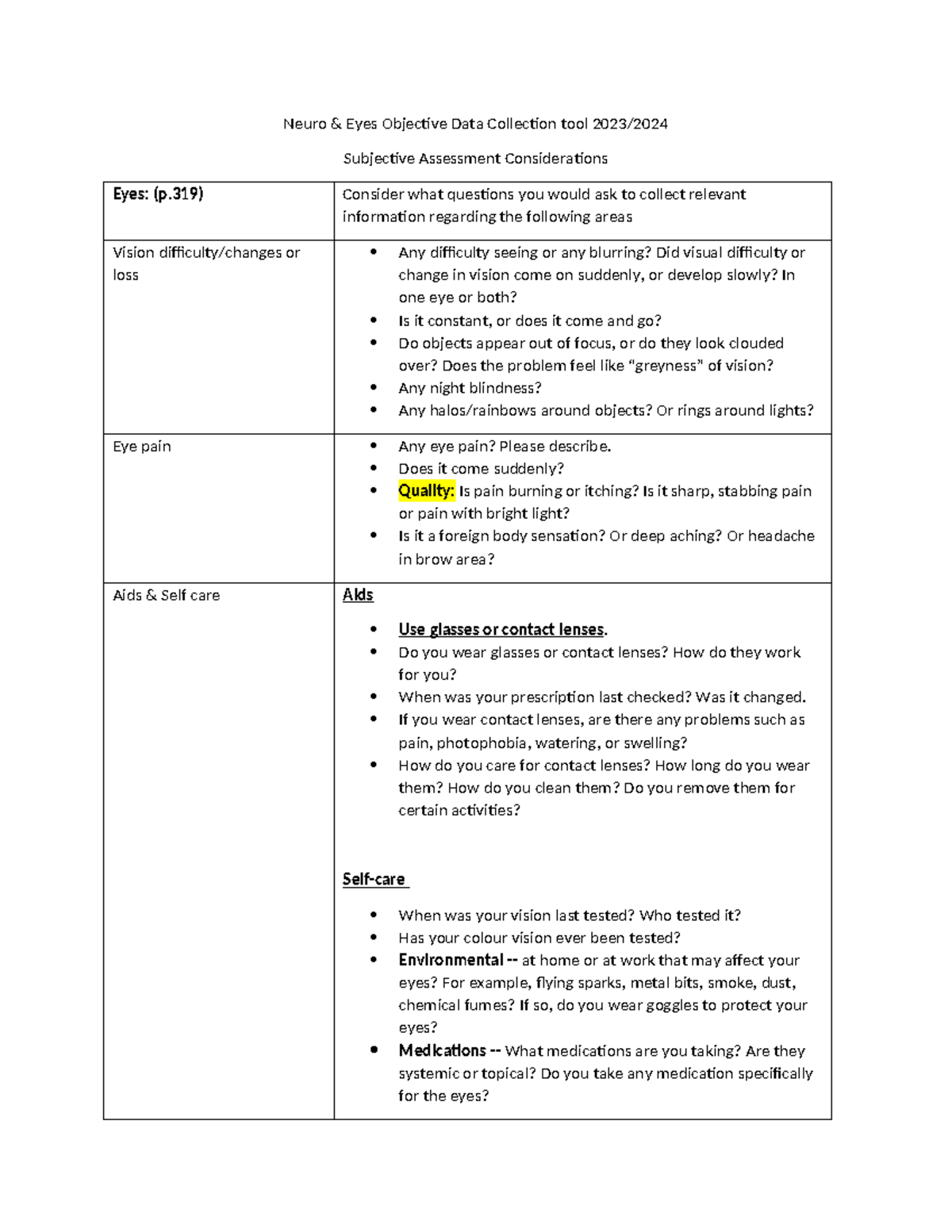 PNUR126 Student Neuro and Eyes ODCT - Neuro & Eyes Objective Data ...