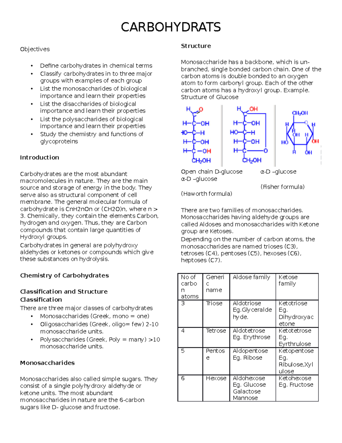 Carbohydrates Notes - Objectives Define carbohydrates in chemical terms ...