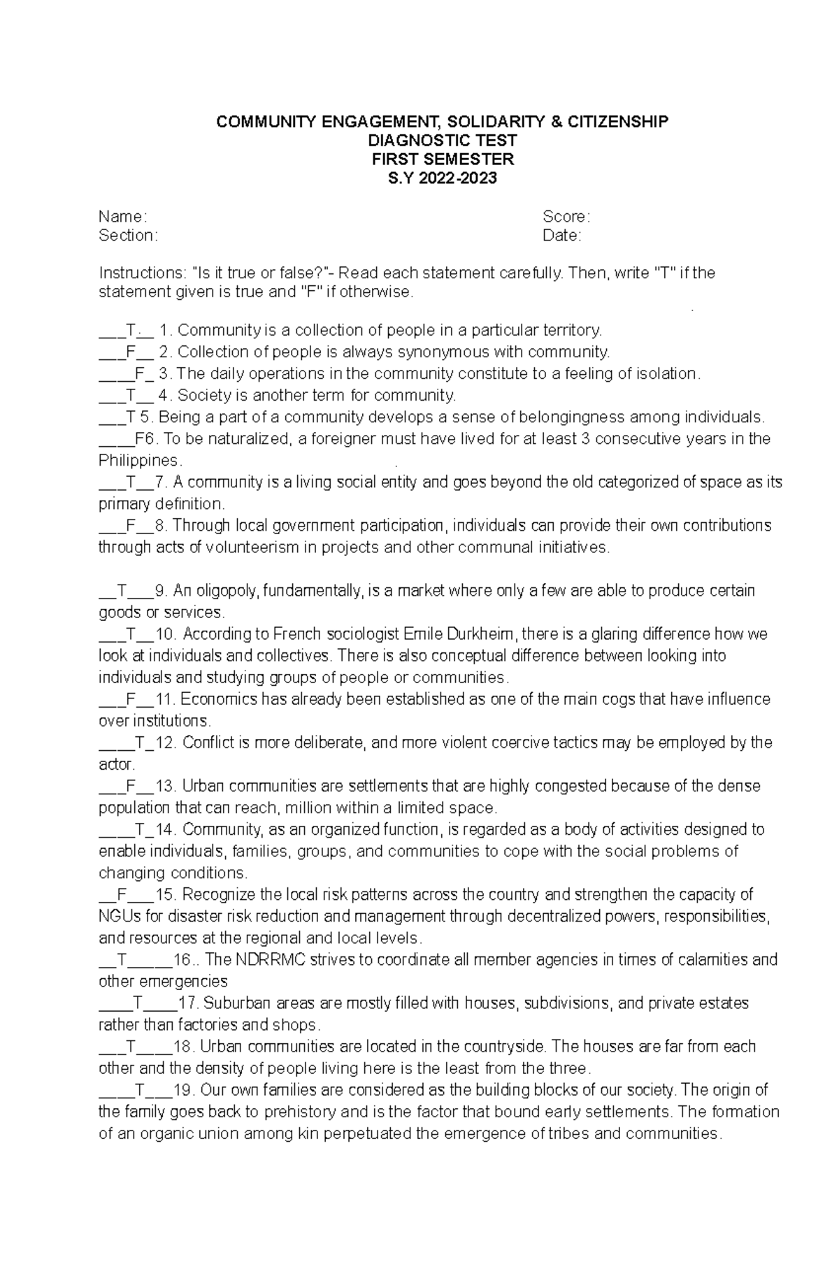 Diagnostic TEST CESC ( Answer KEY) - COMMUNITY ENGAGEMENT, SOLIDARITY ...
