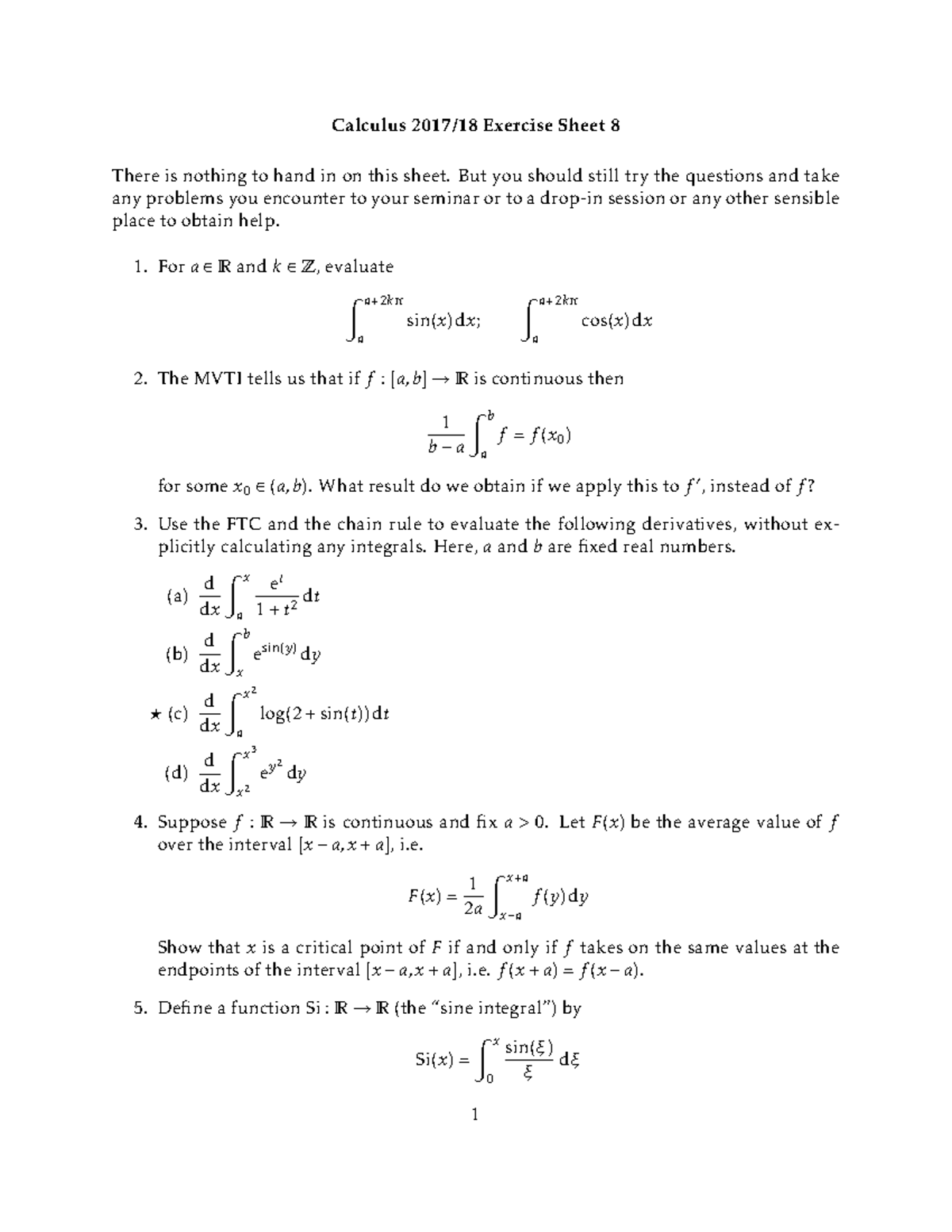 Calculus exercises 08 - Calculus 2017/18 Exercise Sheet 8 There is ...