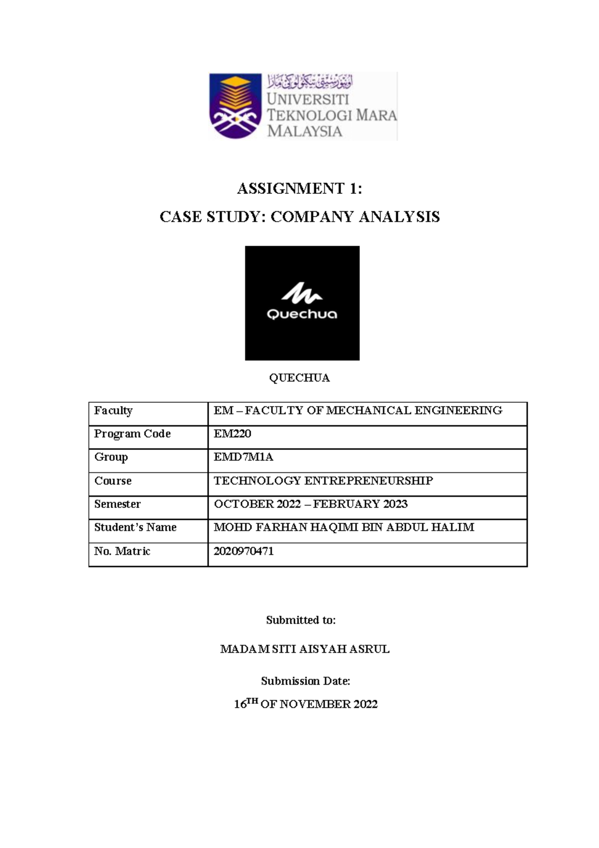 Assignment 1 - Case study Mohd Farhan Haqimi 2020970471 - ASSIGNMENT 1 ...