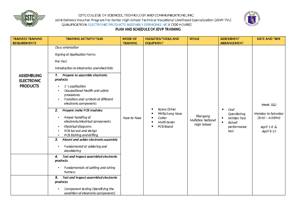 Smnhs-JDVP-EPAS-training-plan - CSTC COLLEGE OF SCIENCES, TECHNOLOGY ...