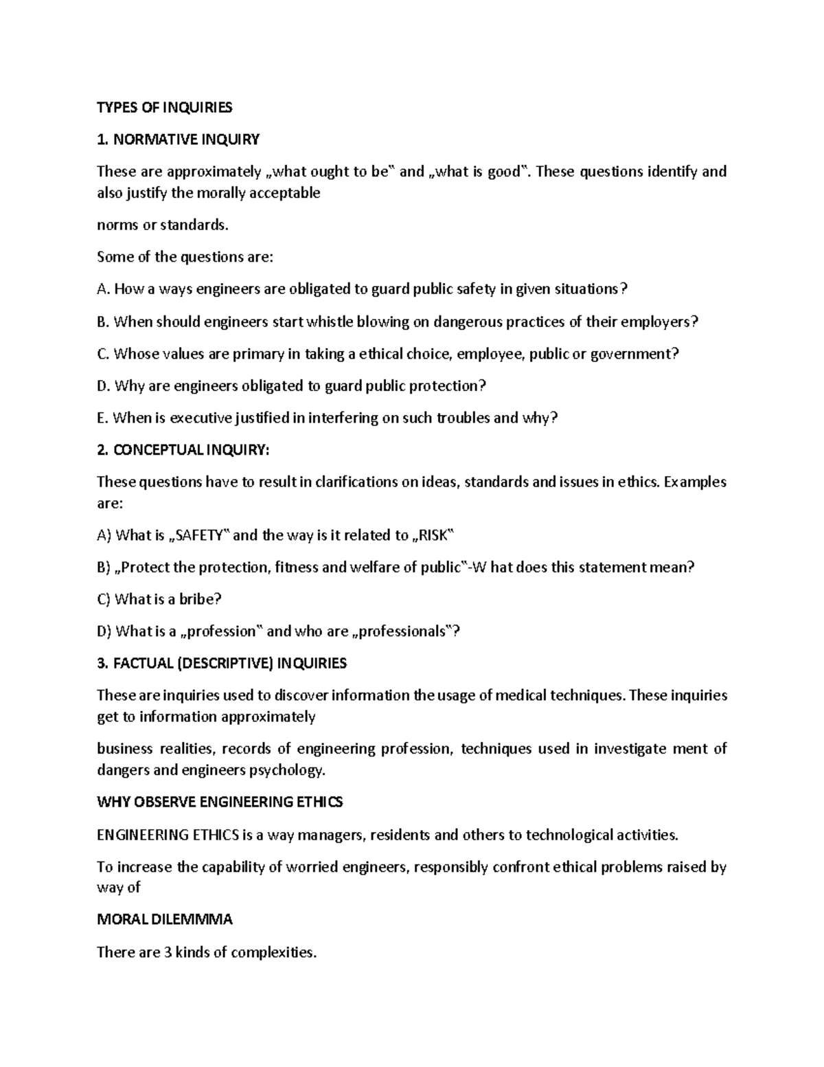 Professional Ethics Module 2 PART 2 - TYPES OF INQUIRIES 1. NORMATIVE ...