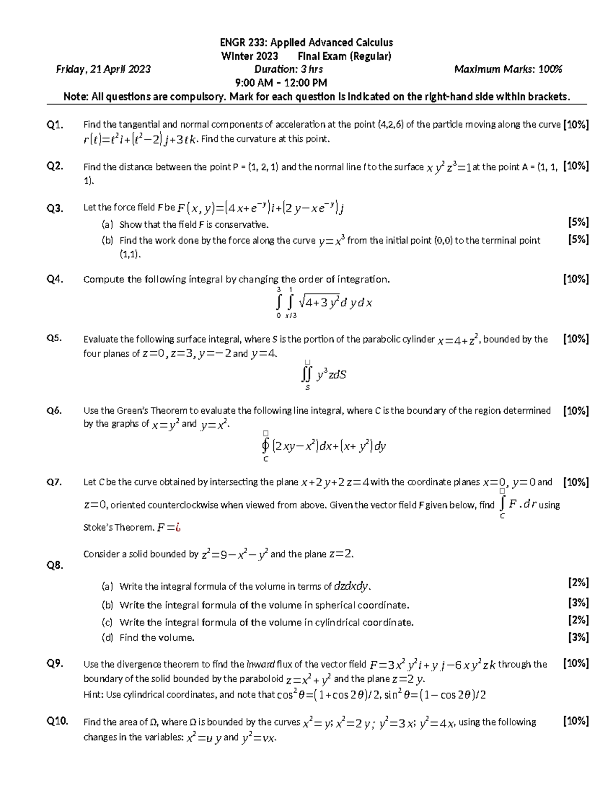ENGR 233 - Final W23 - ENGR 233: Applied Advanced Calculus Winter 2023 Final Exam (Regular ...