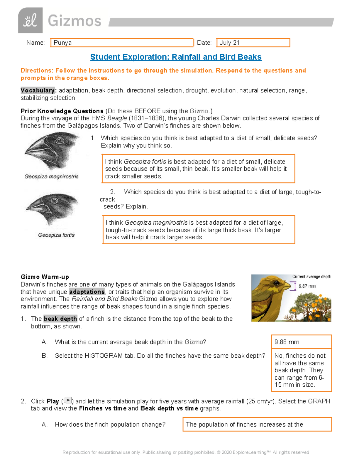 Rainfall and Bird Beaks Gizmo Assignment - Name: Punya Date: July 21 ...