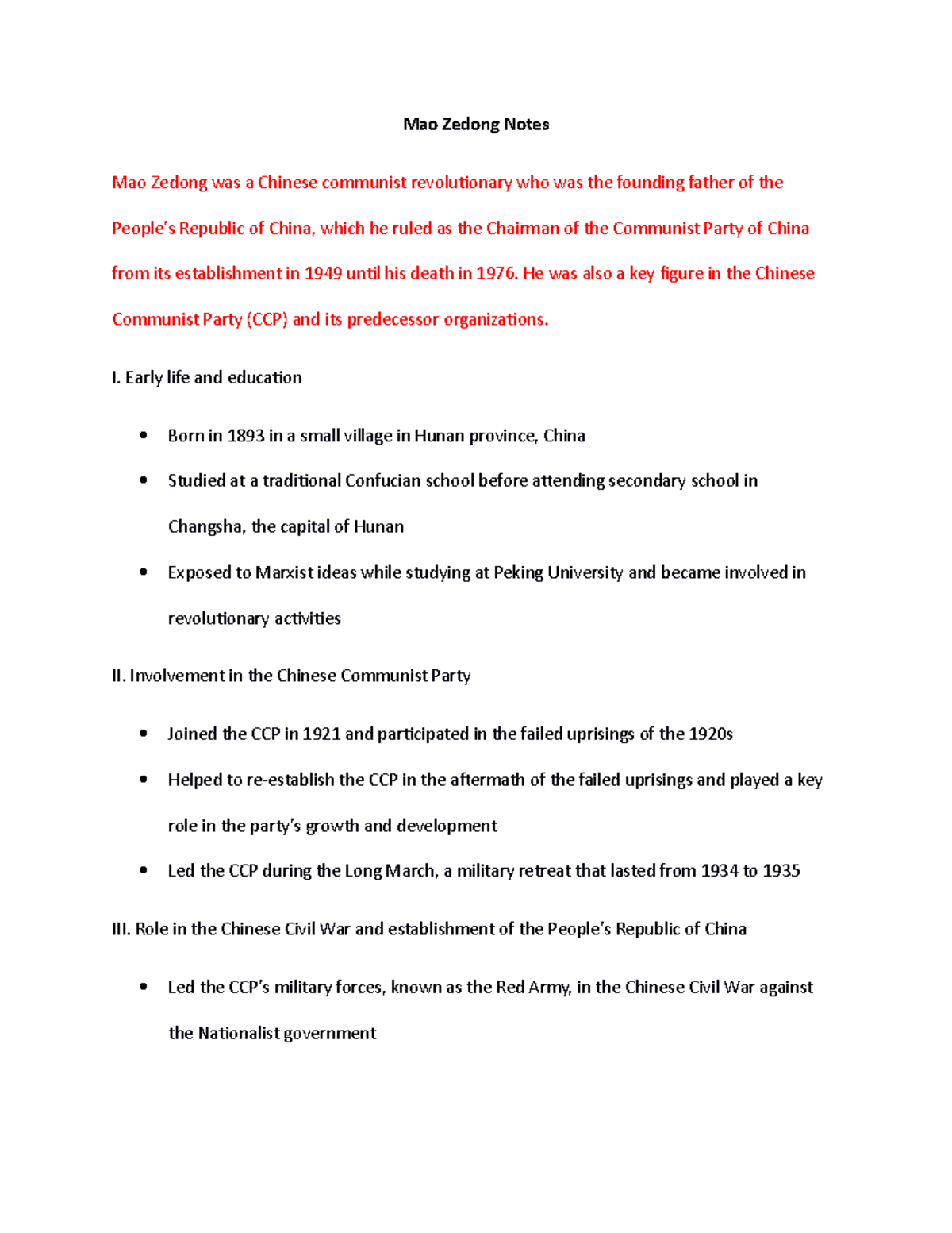 Mao Zedong Notes - Mao Zedong Notes Mao Zedong was a Chinese communist ...