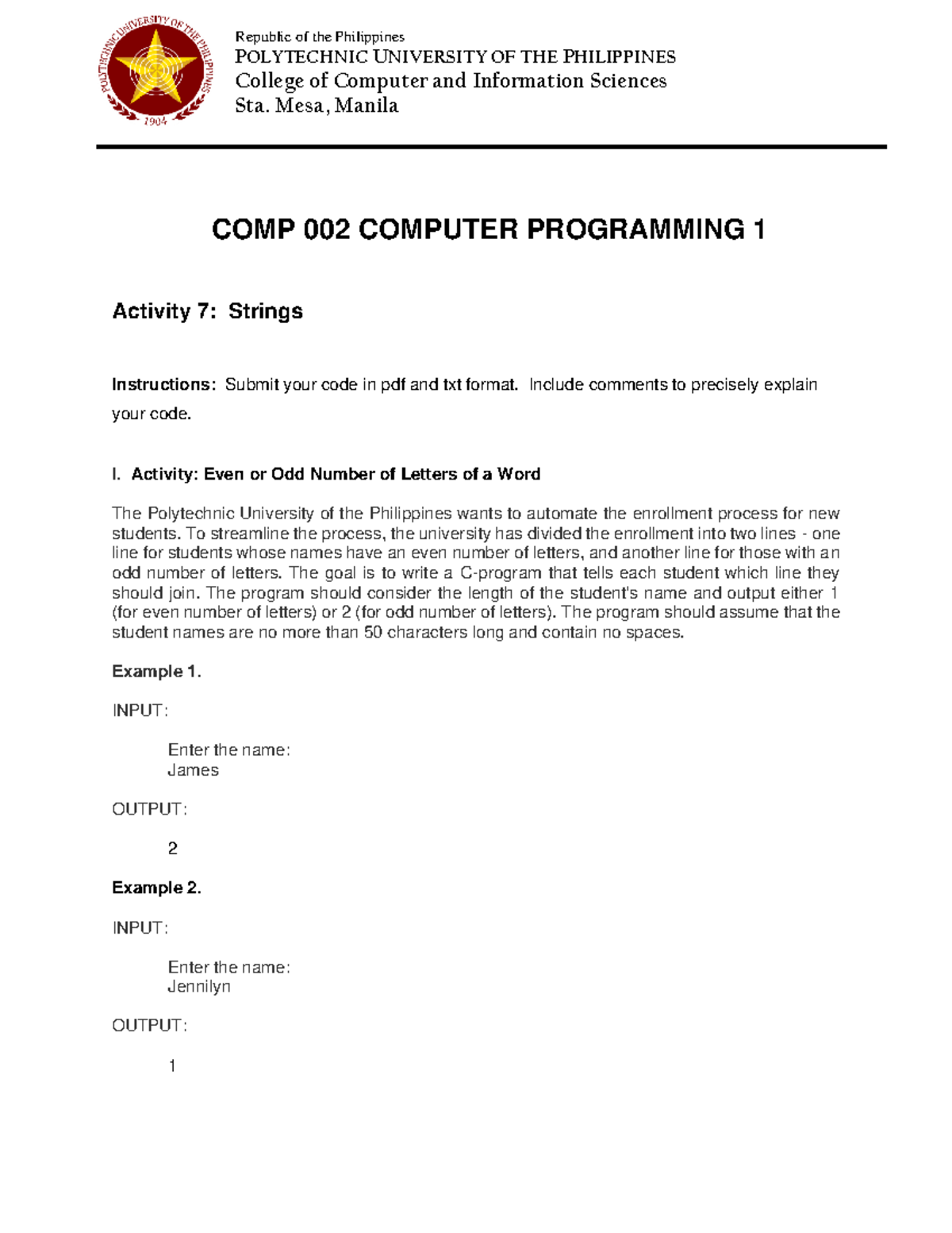 Activity 7- Strings - Republic of the Philippines POLYTECHNIC ...