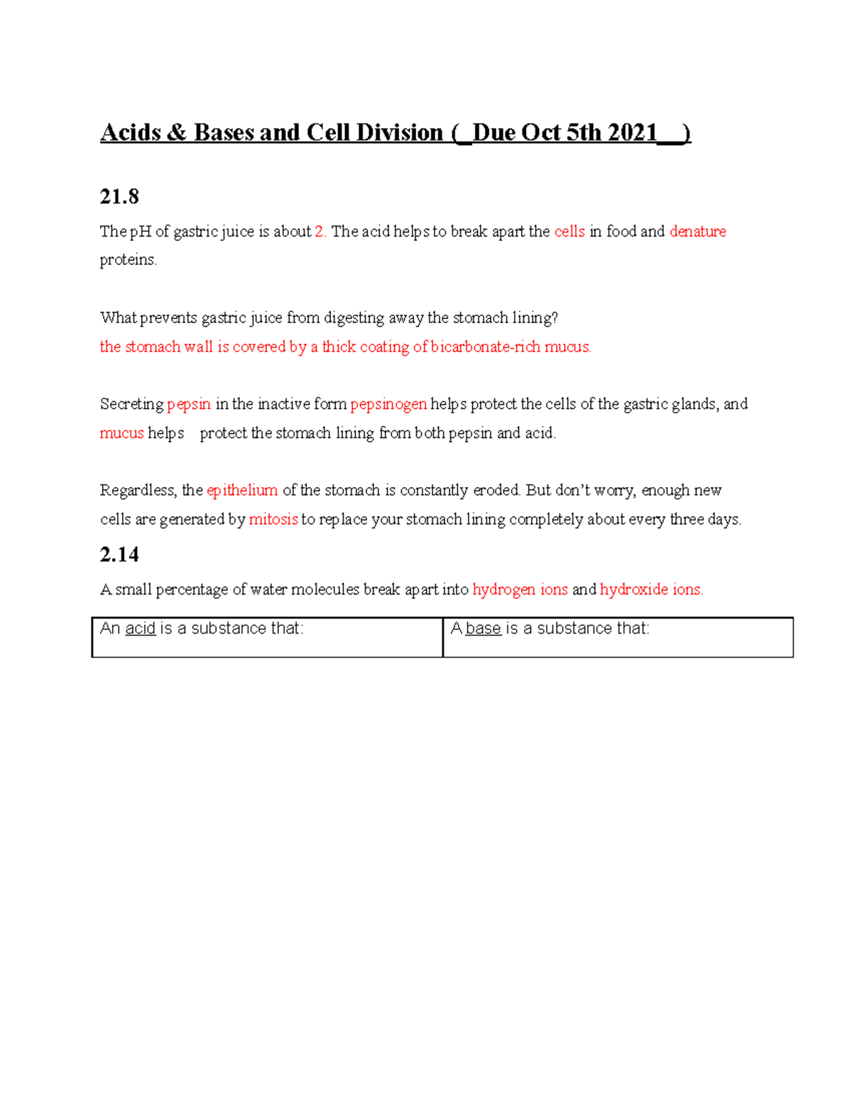 Chapter Notes Oct5th2021 - Acids & Bases and Cell Division (Due Oct 5th ...
