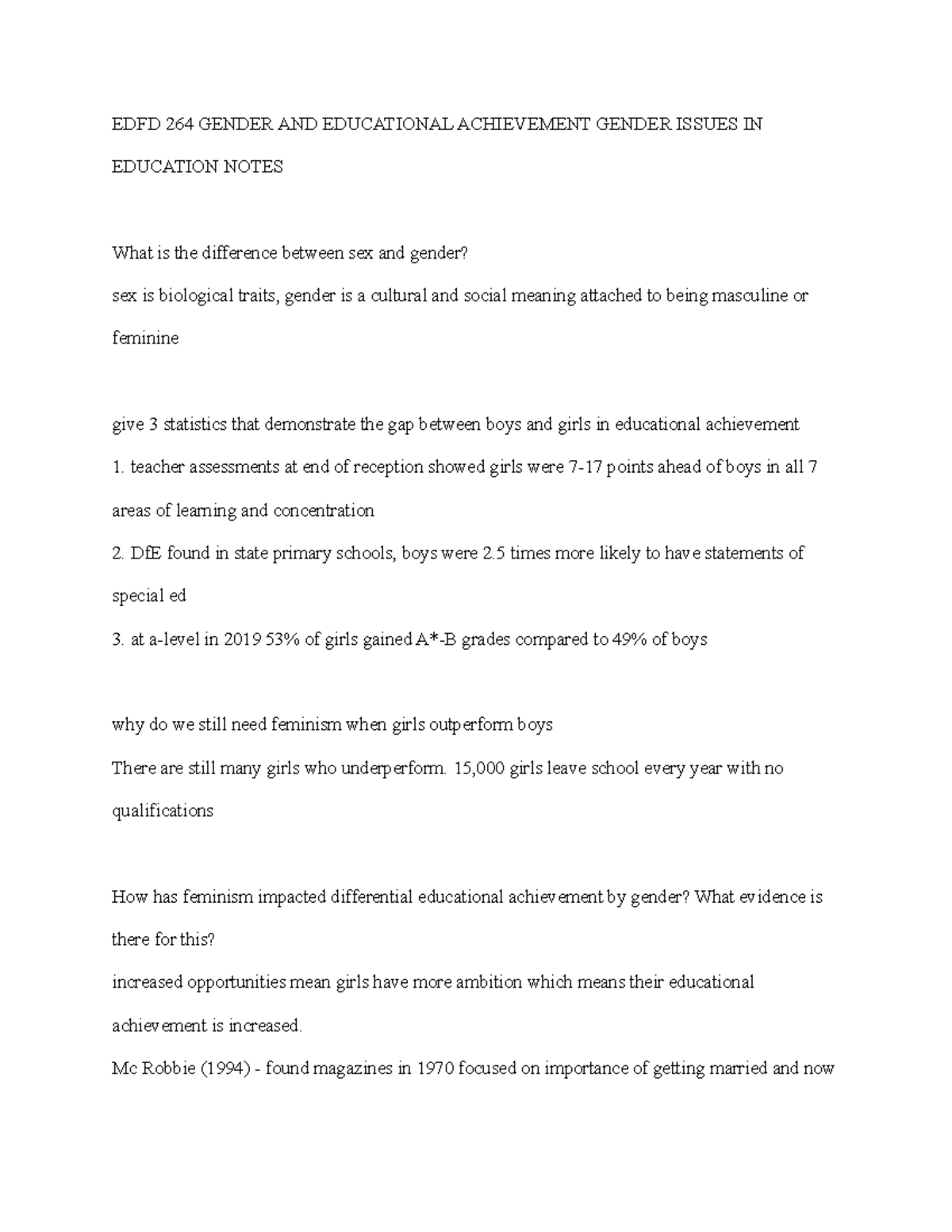 EDFD 264 Gender AND Educational Achievement Gender Issues IN Education ...