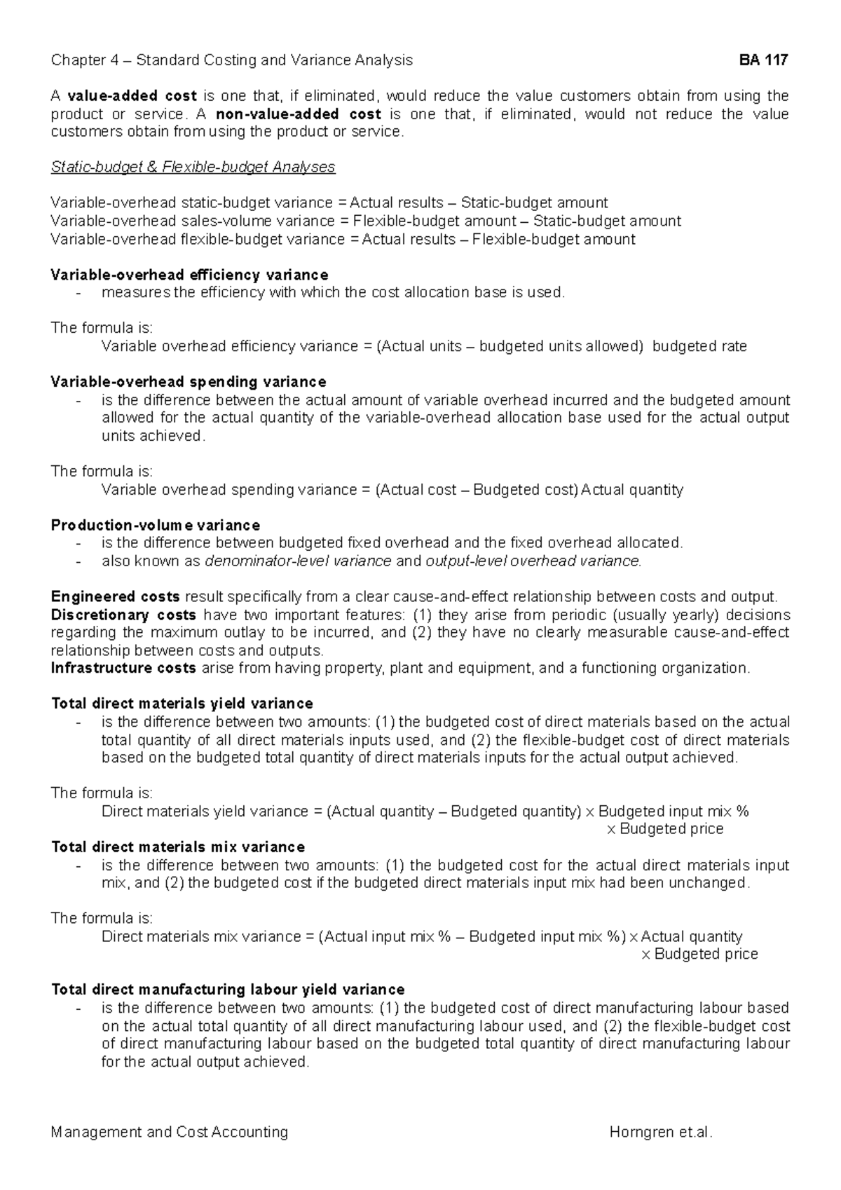 Notes Horngren - Chapter 4 – Standard Costing and Variance Analysis BA ...