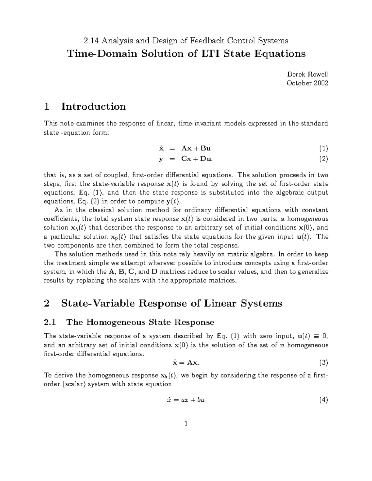 State Space Response 2 Analysis And Design Of Feedback Control Systems Time Domain Solution Of