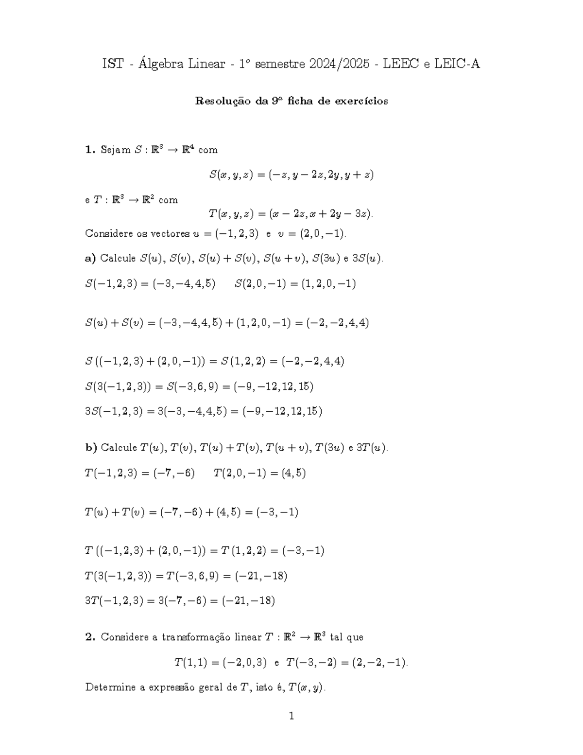 Ficha 9NMR - IST - ¡lgebra Linear - 1o semestre 2024/2025 - LEEC e LEIC-A ResoluÁ„o da 9a Öcha ...
