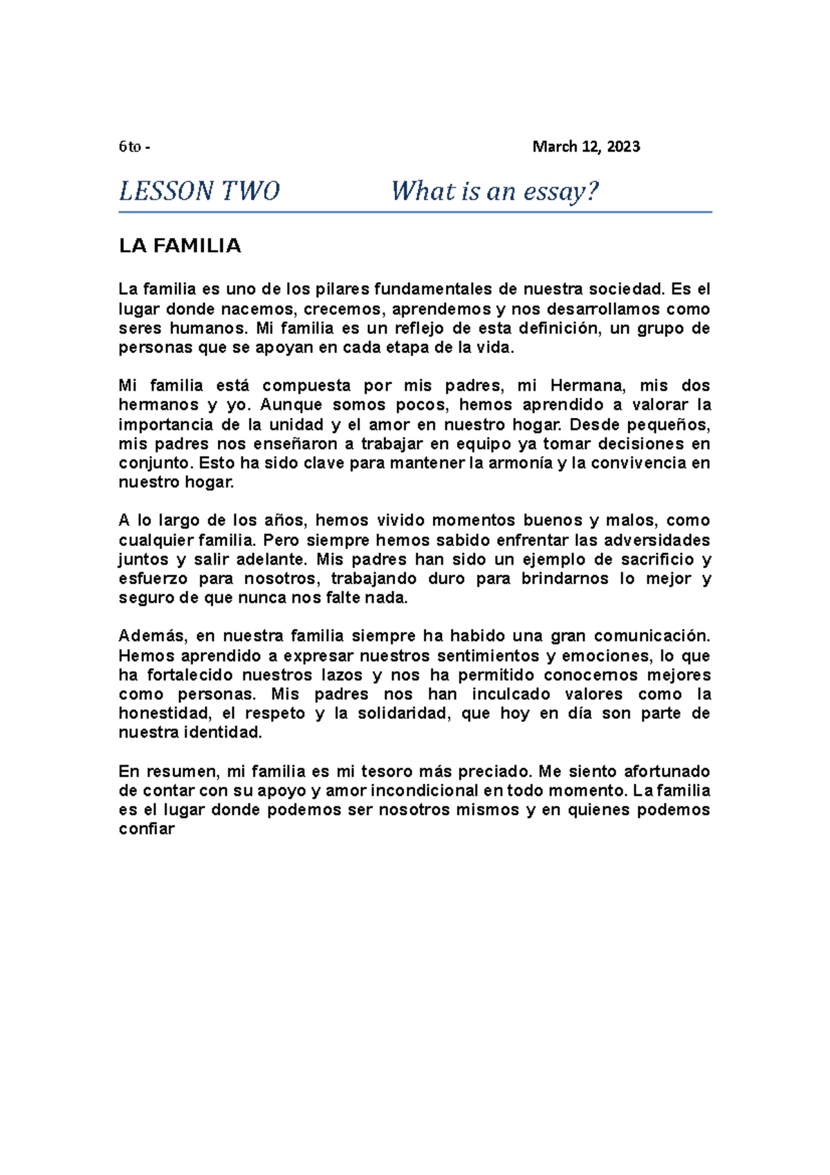 6to EL Ensayo L. 2 - 6to - March 12, 2023 LESSON TWO What is an essay ...